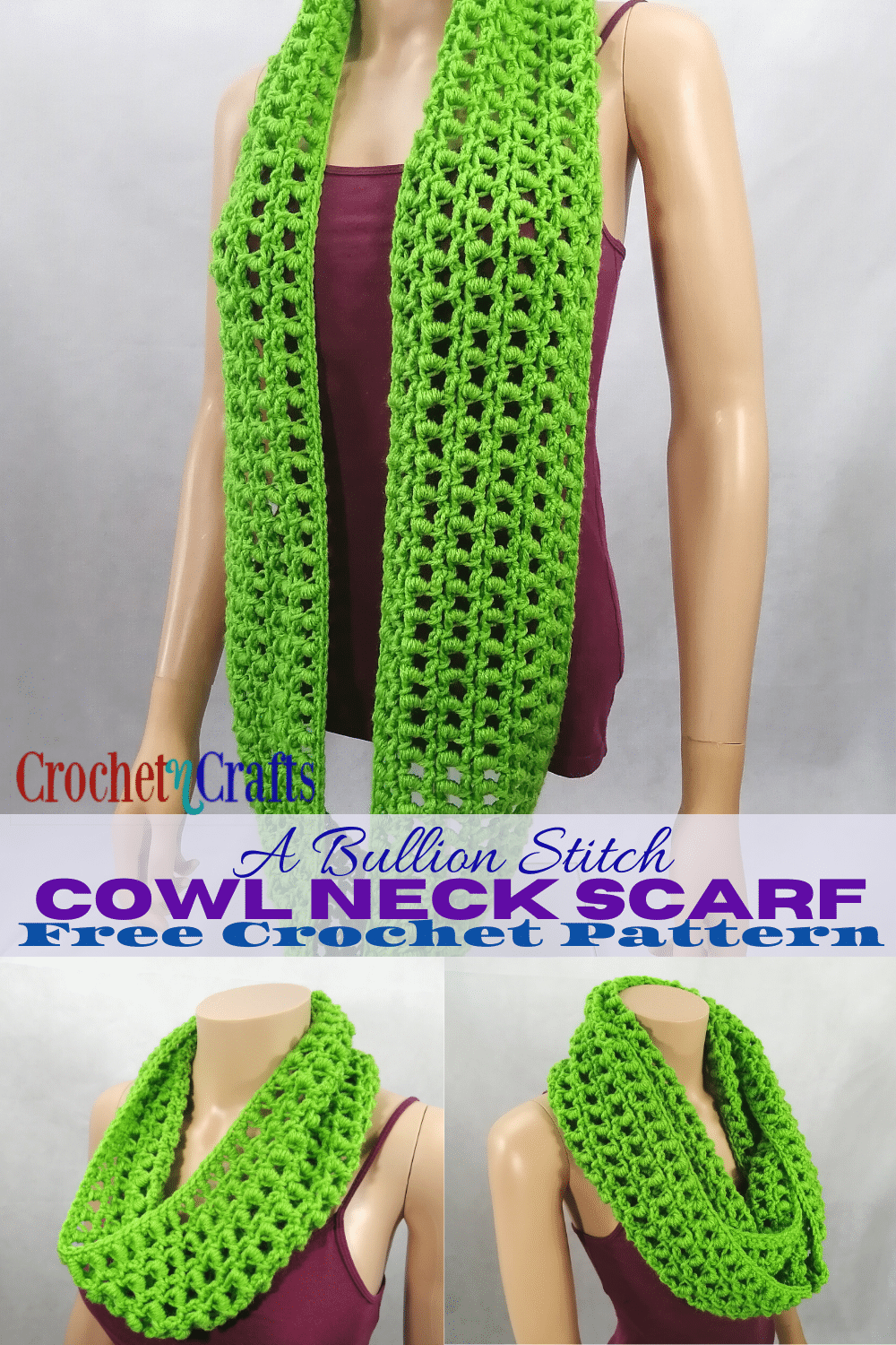 A Bullion Stitch Cowl Neck Scarf ~ FREE Crochet Pattern